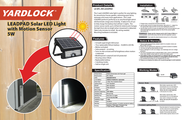 5 Watt LEADPAD Solar Flood Light – YARDLOCK CORPORATION CANADA